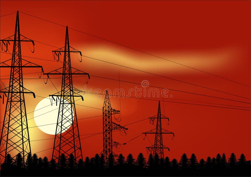 Silhouette Electricity Post before Sunset Stock Vector - Illustration ...