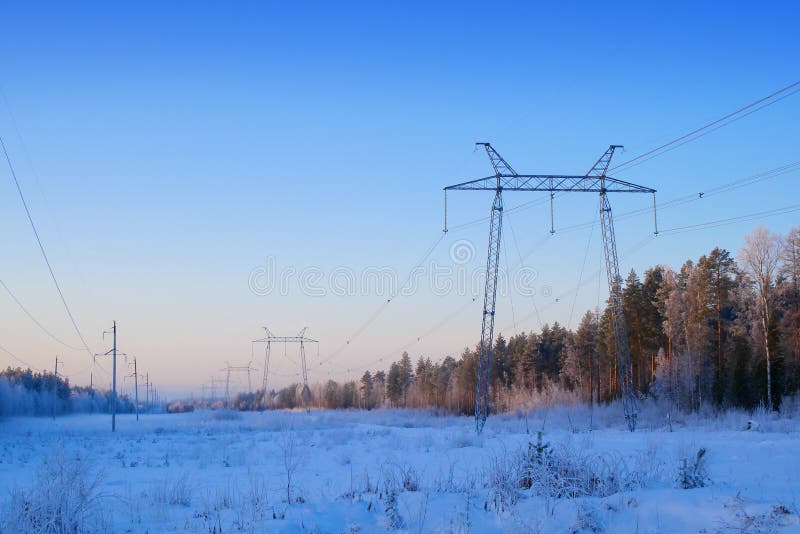 Power Line in the Forest in Winter Stock Photo - Image of landscape ...
