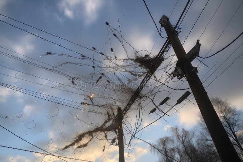 Power Line Hanging Down and Sparking, with Broken Wires Dangling Stock ...