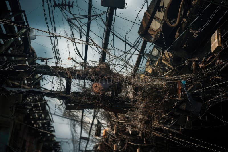 Power Line Hanging Down and Sparking, with Broken Wires Dangling Stock ...