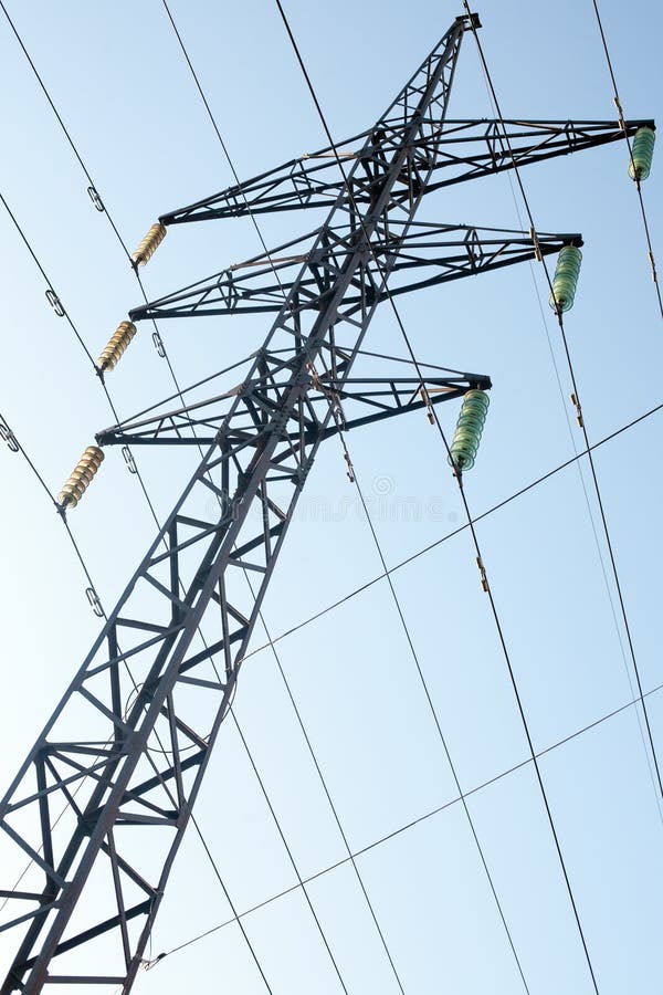 Power Line Pole with Cables and Wire Black Silhouette on Blue Sky ...