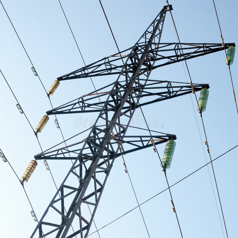 Power Line Pole with Cables and Wire Black Silhouette on Blue Sky ...