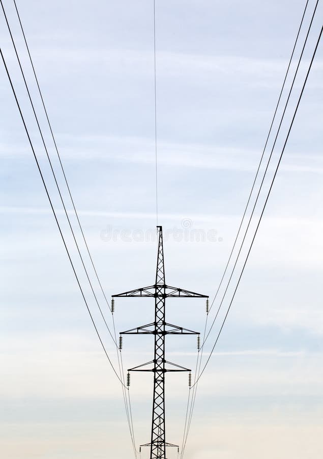 Power Line Pole with Cables and Wire Black Silhouette on Sky Background ...