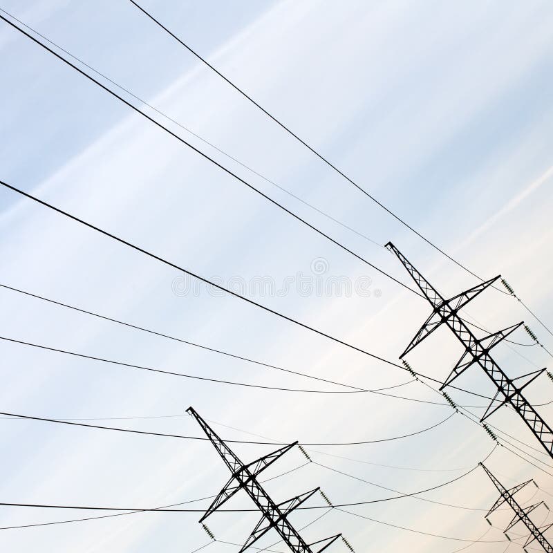 Power Line Pole with Cables and Wire Silhouette on Sky Background Stock ...