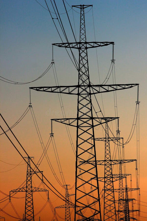 Power Line Pylons Against Sunset Sky Background Stock Image - Image of ...