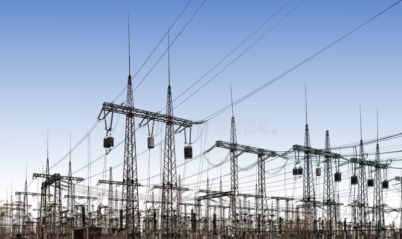 Power Line Pylons and Transformers in the Daytime. Distribution ...