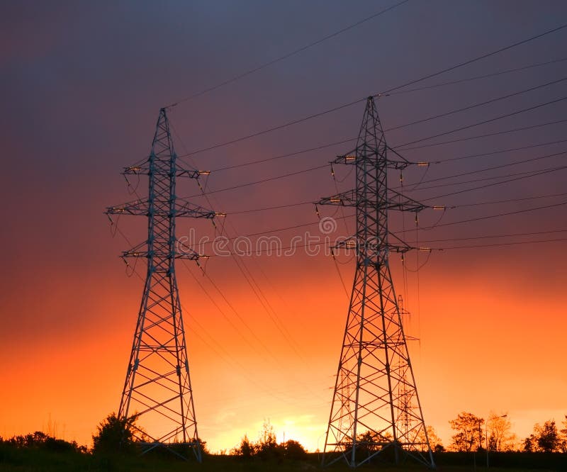 Power line at sunset stock image. Image of color, equipment - 17091471