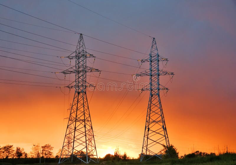 Power Line Towers at Sunset Stock Image - Image of electrical, high ...