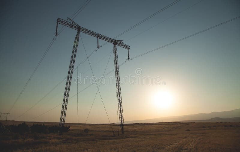 Power Line at the Sunset. High Voltage Tower Stock Photo - Image of ...