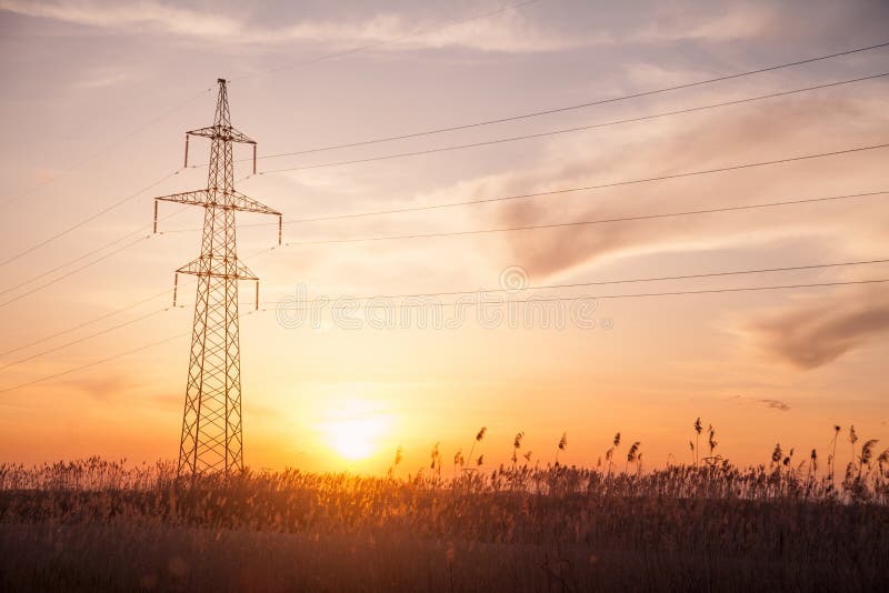 Power Line at the Sunset. High Voltage Towers Stock Image - Image of ...