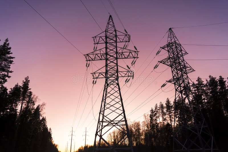 Power line at sunset stock photo. Image of line, purpose - 204157264