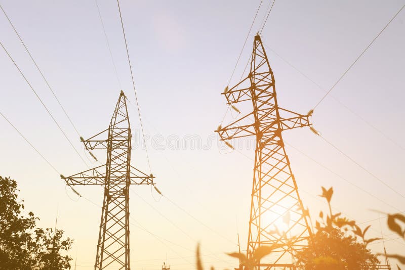 Power line at sunset stock photo. Image of harm, electricity - 124447298