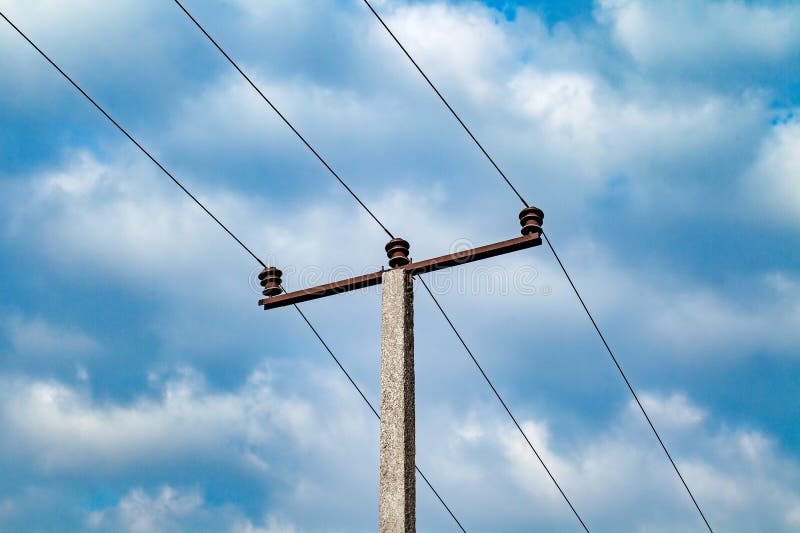 Power Line Support Pole Concrete with High Voltage Wires and Insulators ...