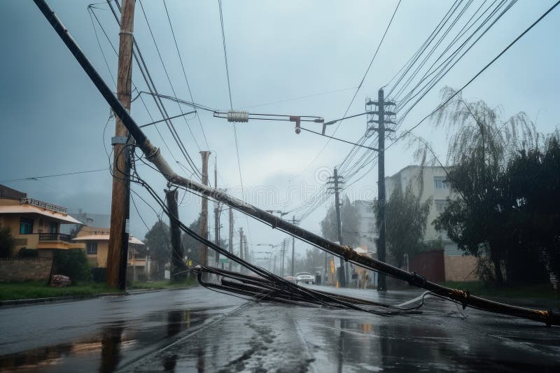Power Line Suspended in the Air after Breakage Due To Strong Wind Stock ...
