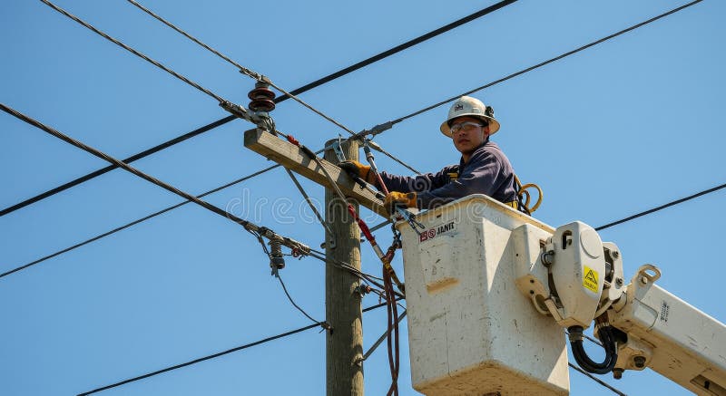 Power Line Technician Working on Utility Pole a Diligent Power Line ...