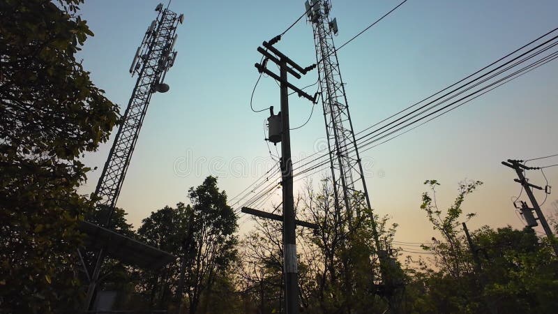 Power Line for Telecommunication Tower in Rural Stock Footage - Video ...