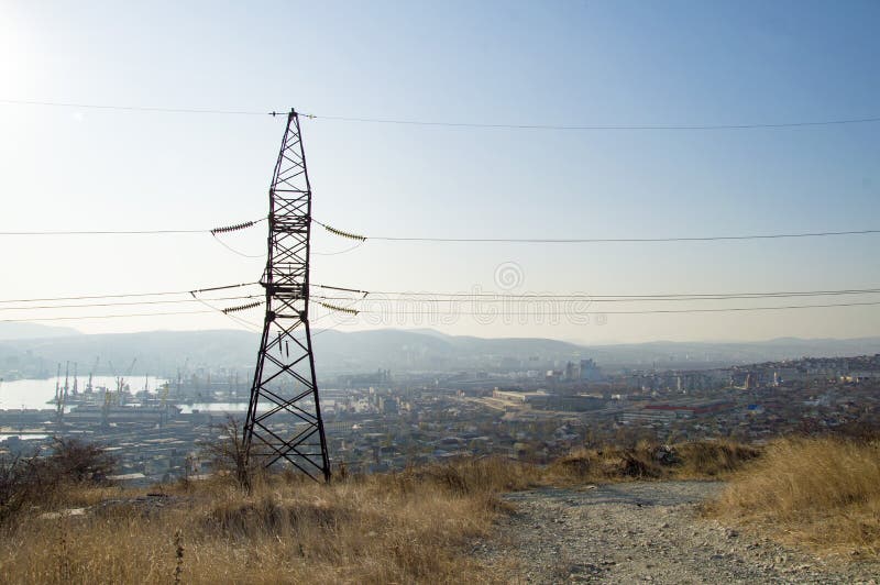 Power Line Tower on the Background of the City Stock Photo - Image of ...