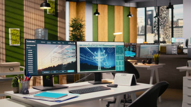 Power Line Tower CAD Design Displayed on Dual Monitors in Engineering ...