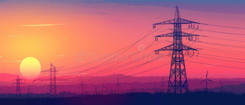 A Power Line Tower is Silhouetted Against a Beautiful Sunset by AI ...