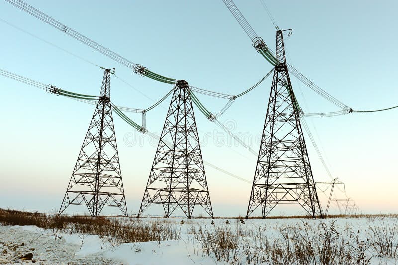 Power Line on a Winter Background Illuminated Stock Photo - Image of ...