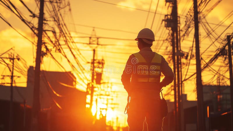 Power Line Worker at Sunset Overseeing Electrical Infrastructure and ...