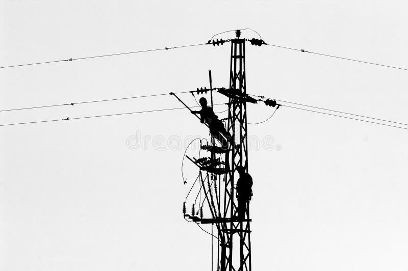 Power line workers stock image. Image of pole, tower - 19206271
