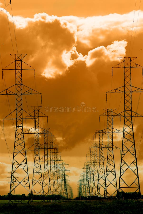 Power Pylon with Broken Lines in the Dusk Stock Photo - Image of blue ...