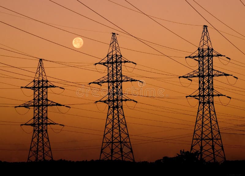 Electric Power Transmission Lines at Sunset Stock Image - Image of ...