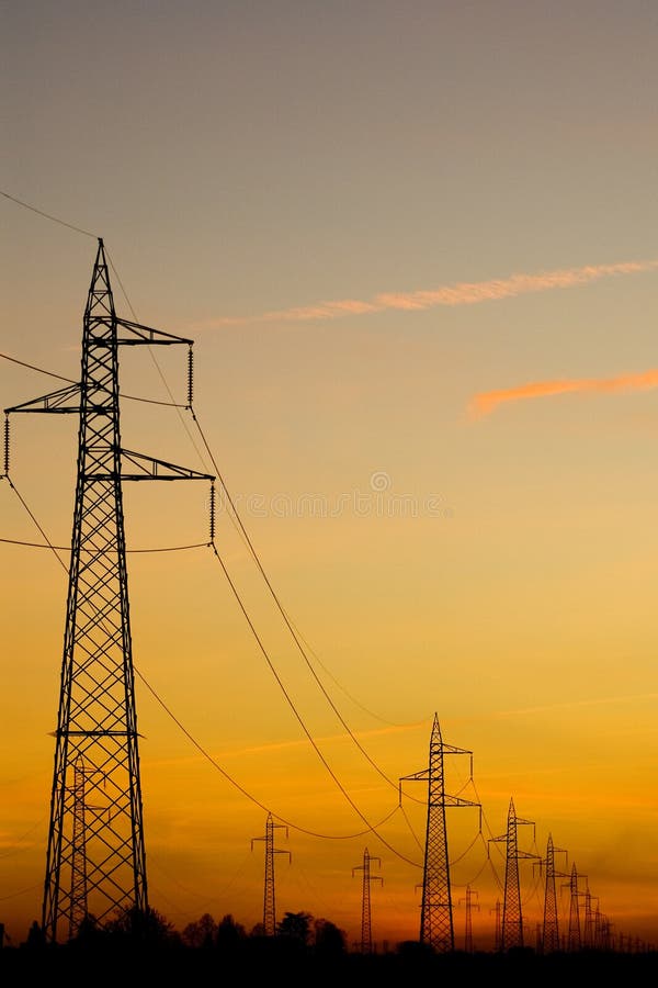 Electric Power Transmission Lines at Sunset Stock Image - Image of ...