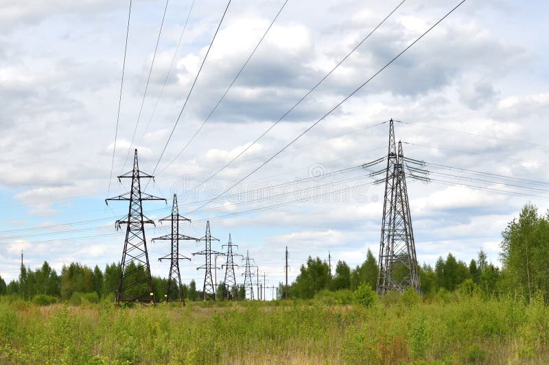 Power Lines Against Backdrop of Nature in Summer, Russia Stock Photo ...