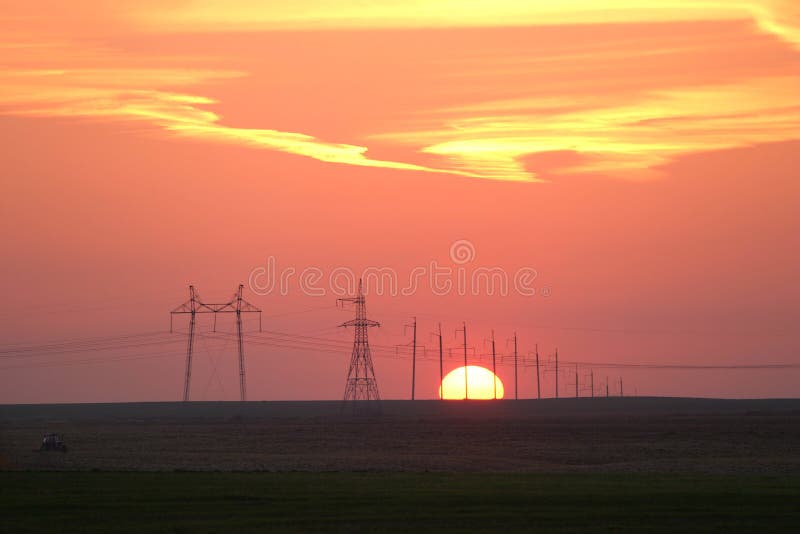 Power Lines Against the Background of a Beautiful Sunset Stock Image ...