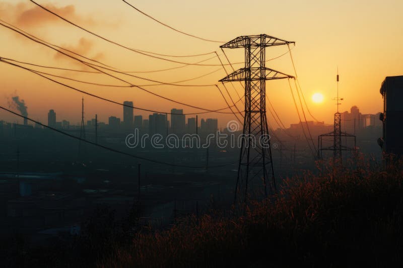 Power Lines Against City Skyline during Sunset Stock Image - Image of ...