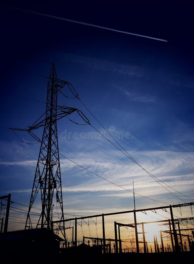 Power Lines Against Sunset Sky Stock Image - Image of wire, voltage ...