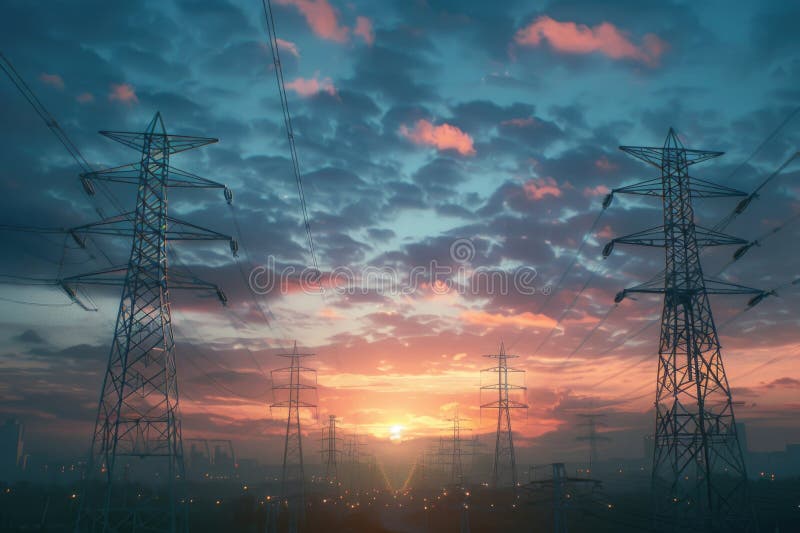 Power Lines Against a Warm Sunset Sky Stock Image - Image of pole ...