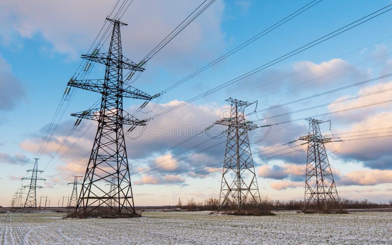 Power Lines during a Beautiful Winter Sunset Stock Image - Image of ...