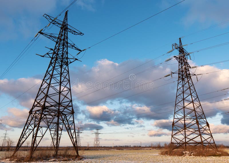 Power Lines during a Beautiful Winter Sunset Stock Photo - Image of ...