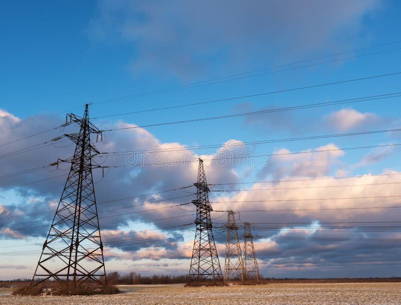 Power Lines during a Beautiful Winter Sunset Stock Photo - Image of ...