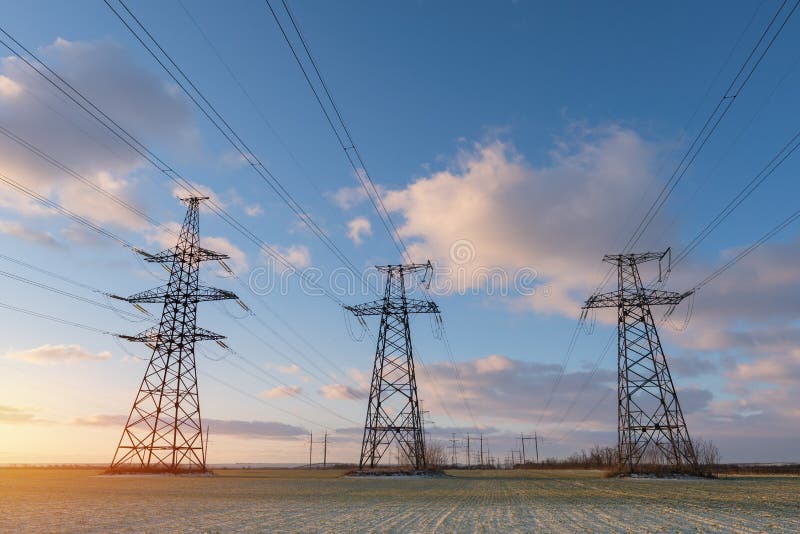 Power Lines during a Beautiful Winter Sunset Stock Photo - Image of ...