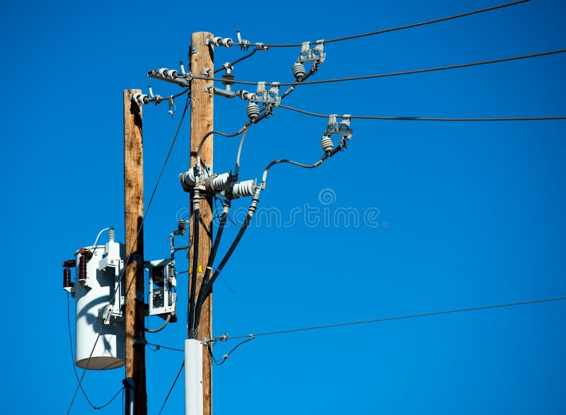 Power Lines and Connections on a Wooden Post Stock Photo - Image of ...