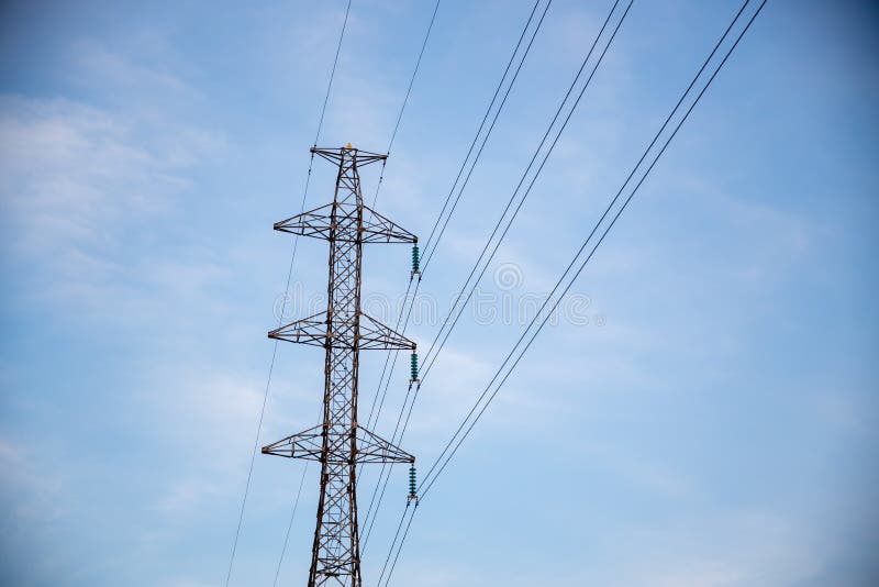 Power Lines and Electric Tower with Blue Sky and Clouds on Background ...