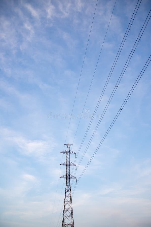 Power Lines and Electric Tower with Blue Sky and Clouds on Background ...