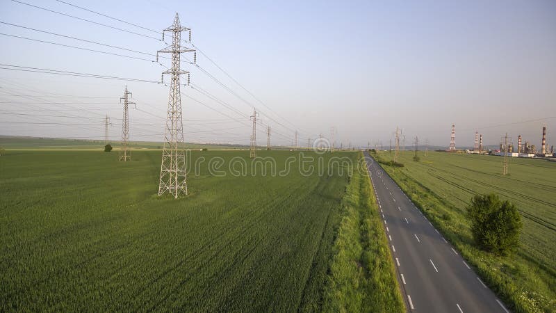 Power lines on the field stock image. Image of blue, distribution ...