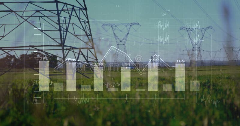 Power Lines in Field with Data Charts and Graphs Overlay Animation ...