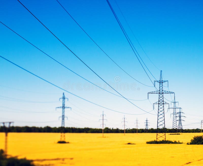 Power lines in the field stock photo. Image of industry - 42183742