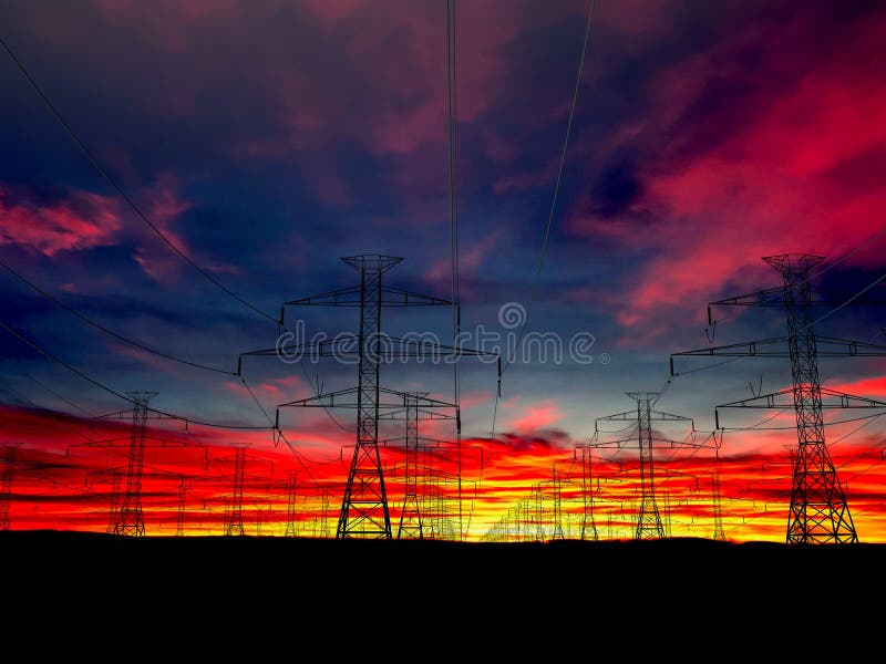 Power Lines Field On A Sunset Background Stock Photo - Image of ...