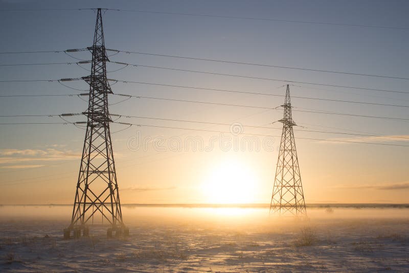 Power Lines in Fog in Winter on Sunset Stock Photo - Image of drive ...