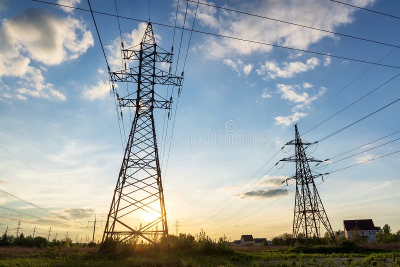 Power lines grid at sunset stock image. Image of powerline - 184068119