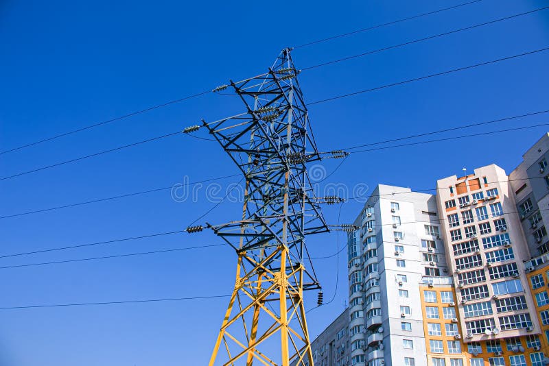 High Voltage Power Line Against the Blue Sky Stock Image - Image of ...