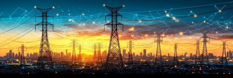 Power Lines and Infrastructure, Modern Cityscape at Sunset, Energy ...