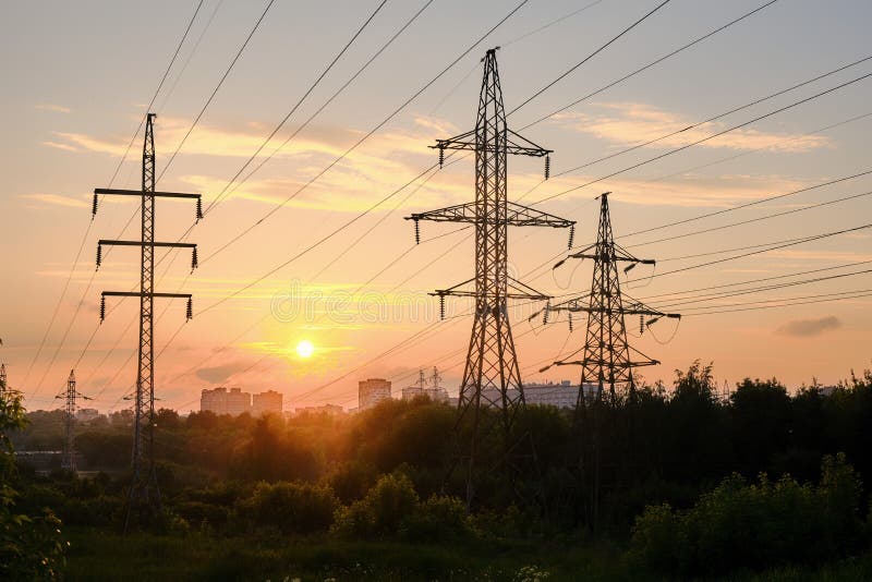 Power Lines in the Light of the Setting Sun Stock Image - Image of ...